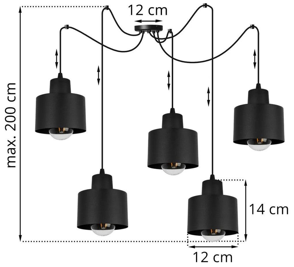 Závěsné svítidlo PANTA SPIDER, 5x černé kovové stínítko