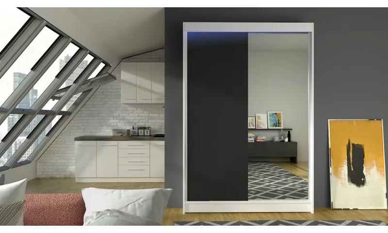 Posuvná skříň se zrcadlem Parys I, Barva: černý + bílá + zrcadlo, Osvětlení: osvětlení LED RGB - barevné