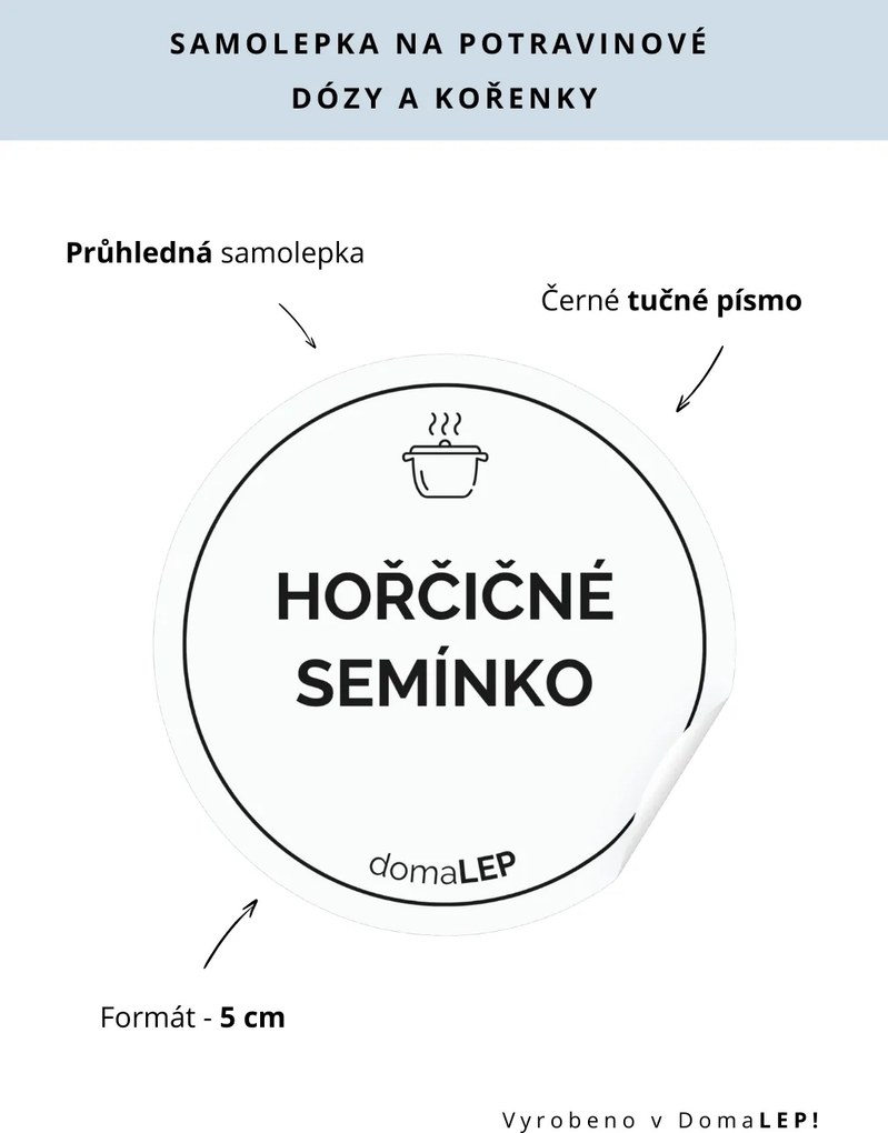 Samolepka na kořenky HOŘČIČNÉ SEMÍNKO průhledná 5 cm tučné písmo