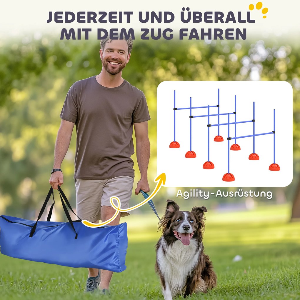 PawHut 4dílná sada agility pro psy se 4 překážkami a přepravní taškou pro trénink skákání, modrá