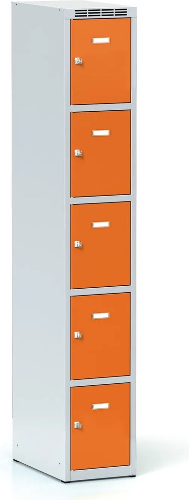 Šatní skříňka S6 s úložnými boxy, 5 boxů, 1800 x 300 x 500 mm, otočný zámek, oranžové dveře