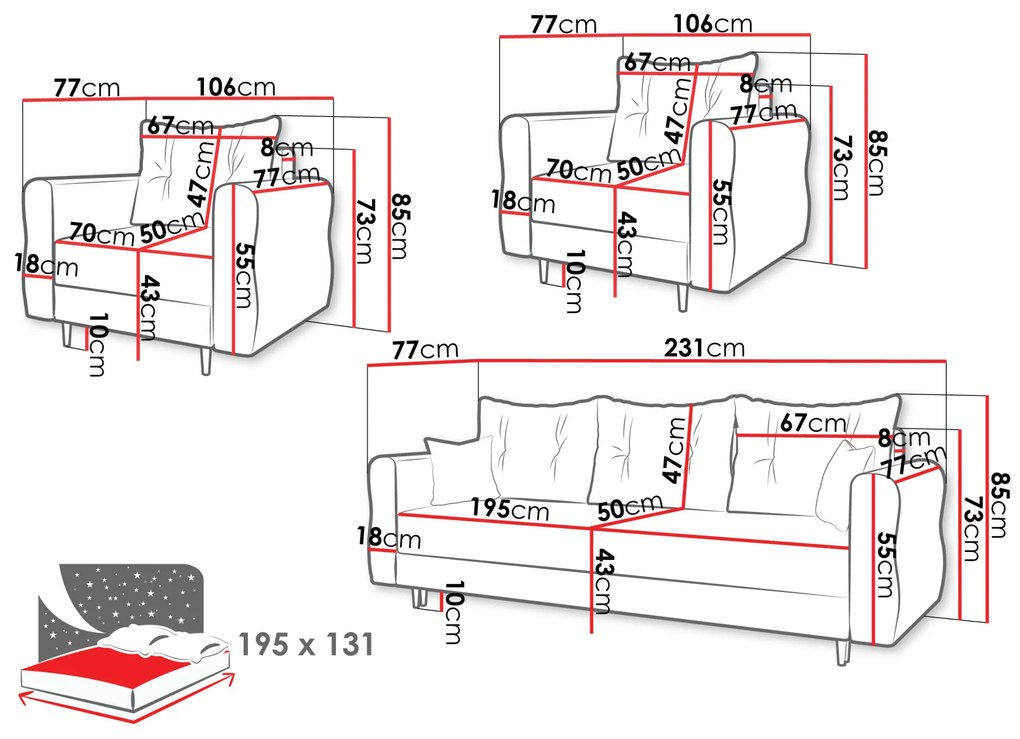 Sedací souprava 3+1+1 EXETER - pastelová růžová