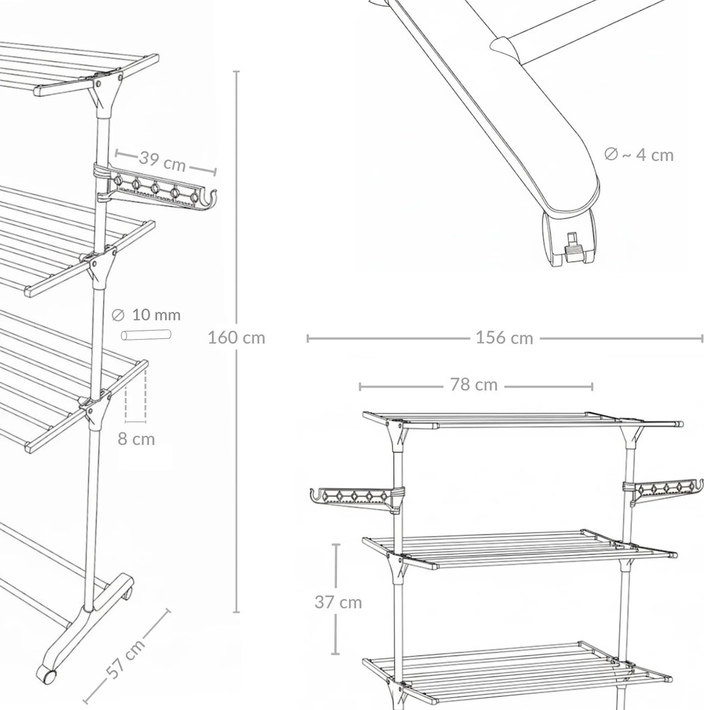 Vertikální sušák na prádlo s místem na ramínka, 160 cm, ALTO