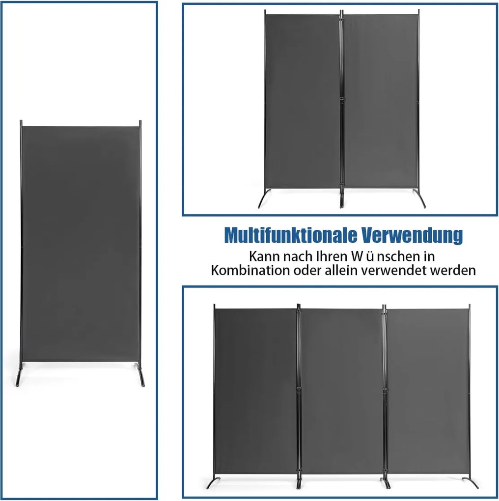 Costway 3 panelový dělič pokojů Skládací látková zástěna – 260 × 183 cm, šedá