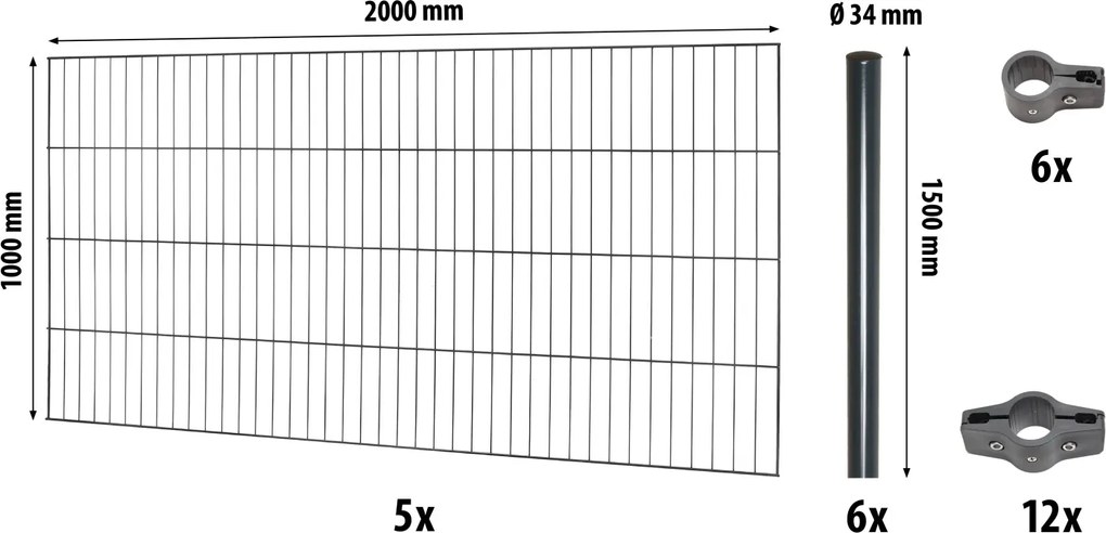 Floraworld Sada drátěných plotových panelů se sloupky, antracit, 100 cm x 10 m