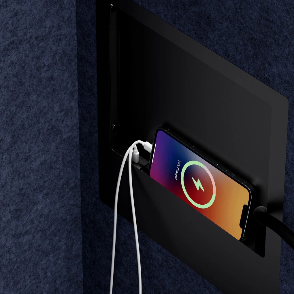 Kancelářská akustická kabina se sedátkem a USB-C portem, korpus černý / sedák námořnická modrá, 1150 mm: SALLY MentalBox