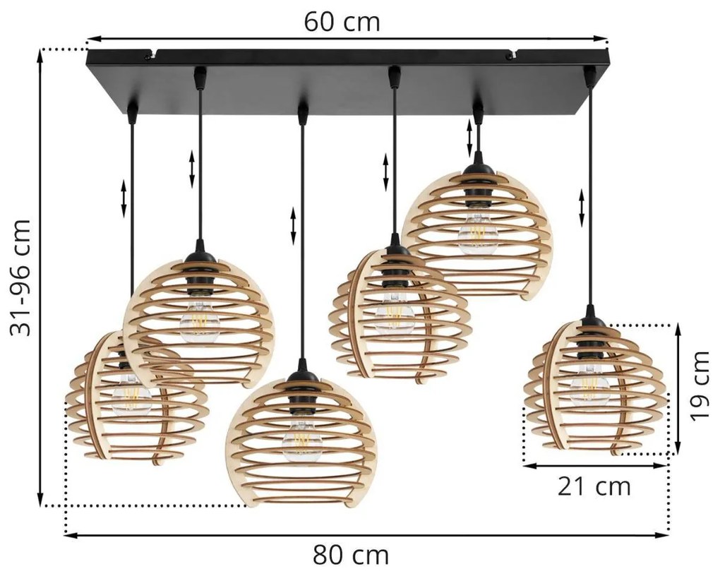 Závěsné svítidlo TIMBER, 6x dřevěné stínítko, N