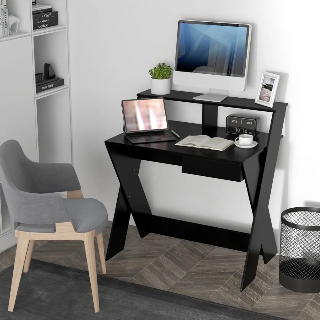 Costway Počítačový stůl ve tvaru X se zásuvkou a monitorem, černý