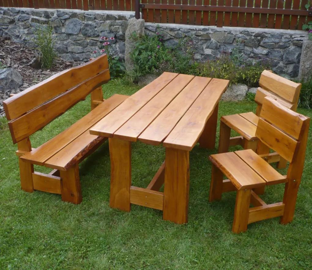 KULHÁNEK Zahradní dubová sestava - stůl, 1x lavice s opěradlem, 2x židle (rustikální provedení) Délka: 180 cm, Odstín nátěru: lazura - palisandr