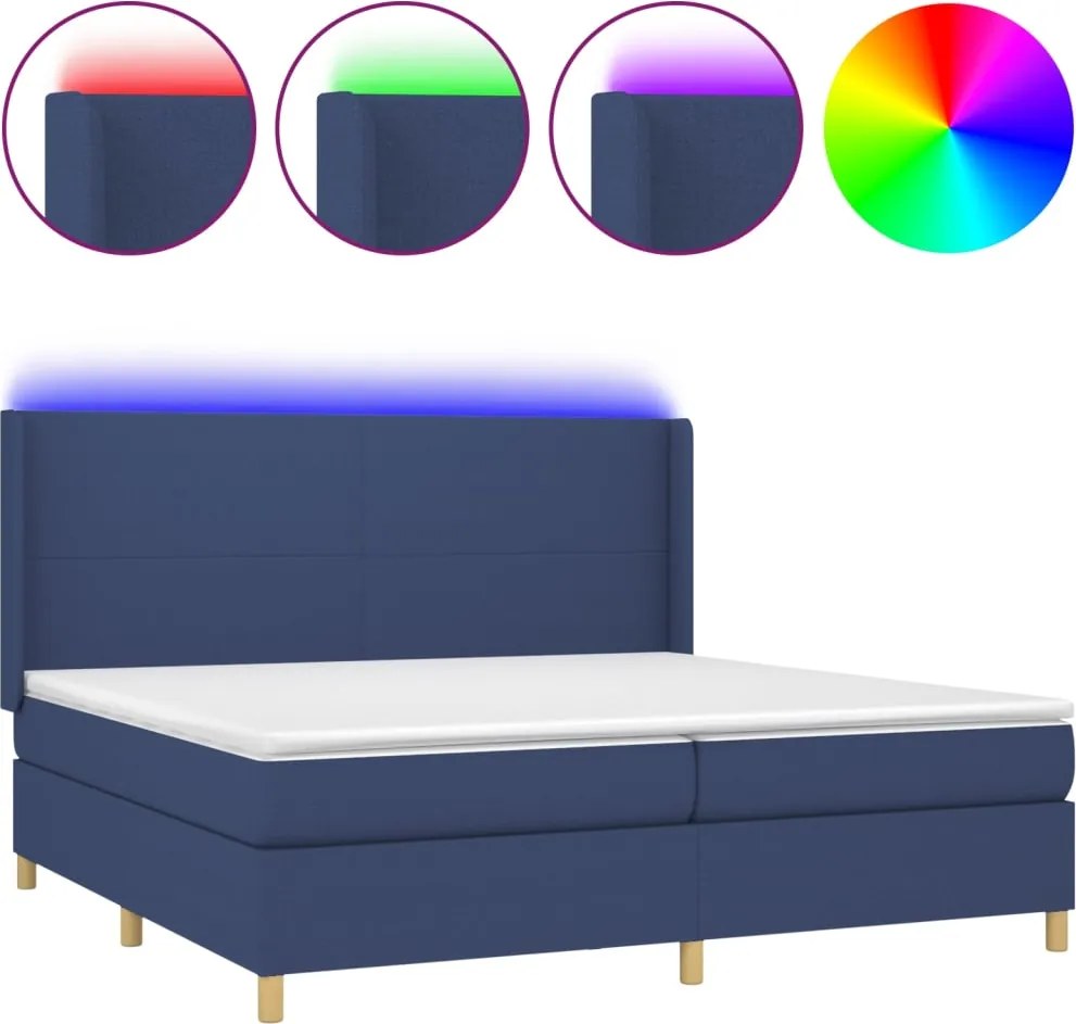 Box spring postel s matrací a LED modrá 200x200 cm textil 3138747