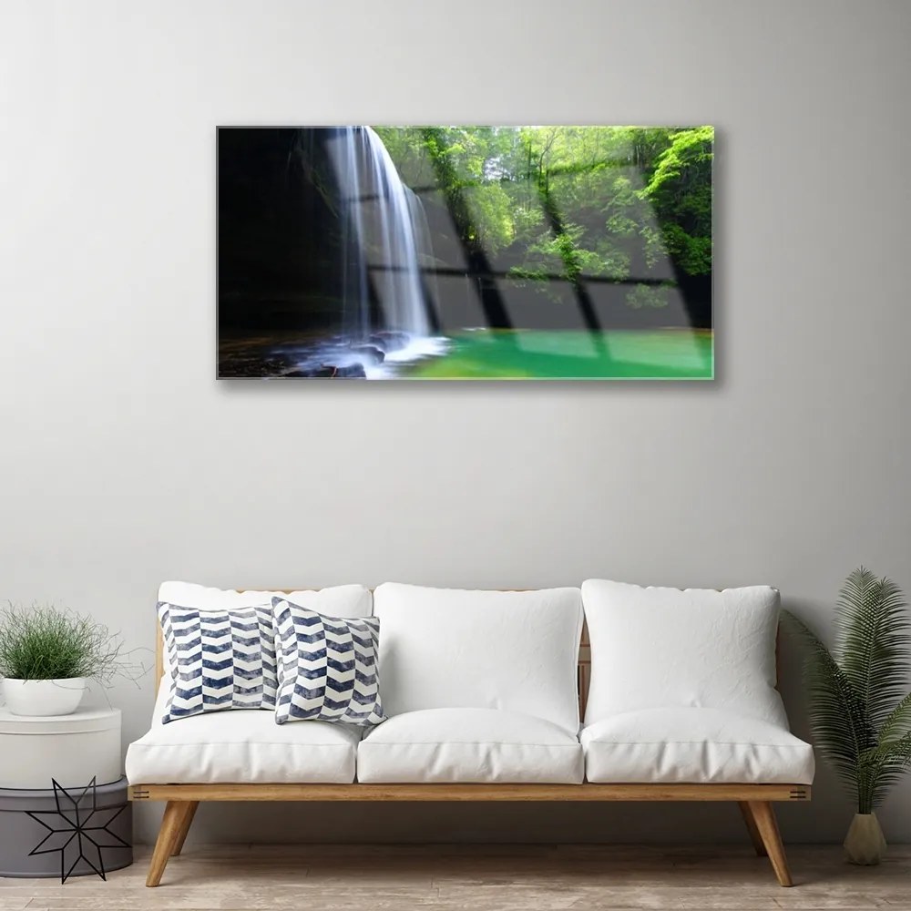 Obraz na skle Vodopád Příroda Les Jezero 125x50 cm