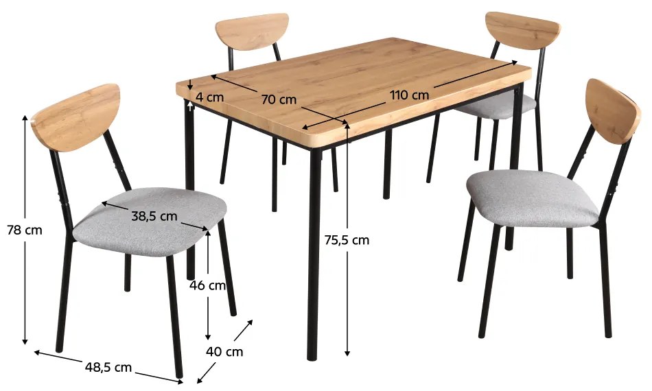 Kondela Jídelní set 1+4, dub světlý/šedá/černá, MADIO