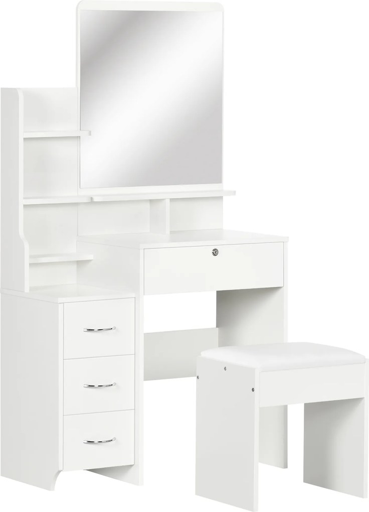 HOMCOM Toaletní stolek s taburetem a zrcadlem, toaletní stůl se 4 zásuvkami, 4 úložnými prostory, moderní styl, 80x38x143 cm Bílá