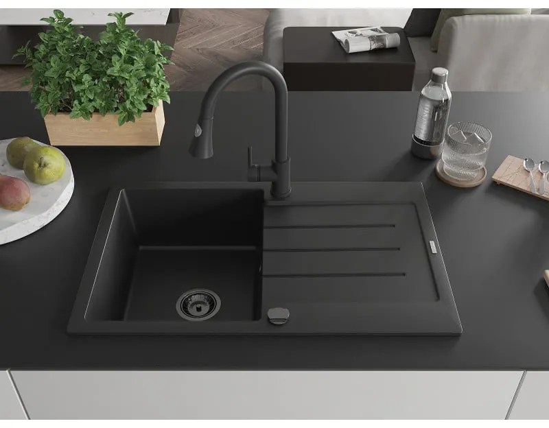 Mexen Bruno, 1-komorový granitový dřez 795x495x200 mm a dřezová baterie Elia, černá, 6513-77-670101-70-B