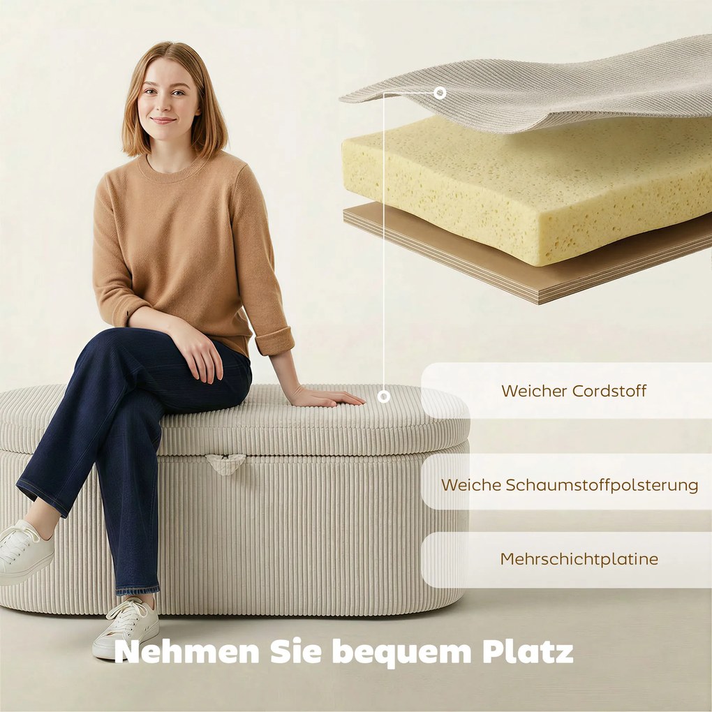 HOMCOM čalouněná lavice s úložným prostorem, manšestr – 105 × 51 × 49 cm, nosnost 200 kg, béžová