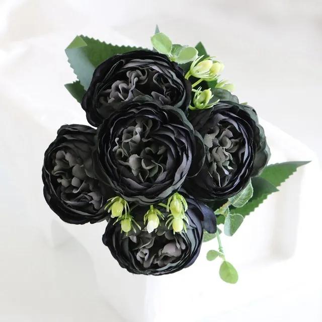 Umělá kytice 5 květů s listy - pivoňka, čajová růže Barva: Černá