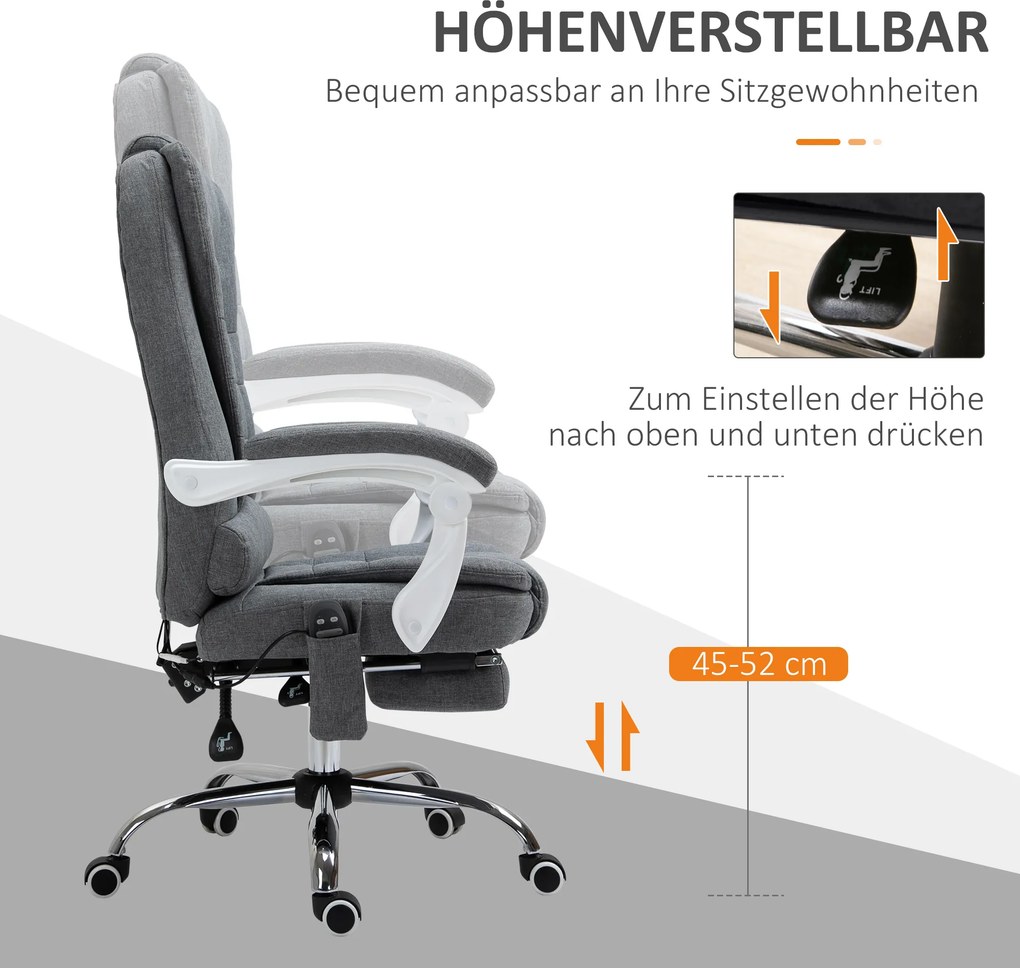 Kancelářská židle Vinsetto s masážní funkcí, výškově nastavitelná, ergonomická kancelářská židle s funkcí polohování, vyhřívání, podnožka