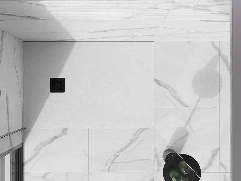 Mexen Stone+, obdélníková vanička z minerálního kompozitu 140 x 90 cm, bílá, černá krytka, 44109014-B