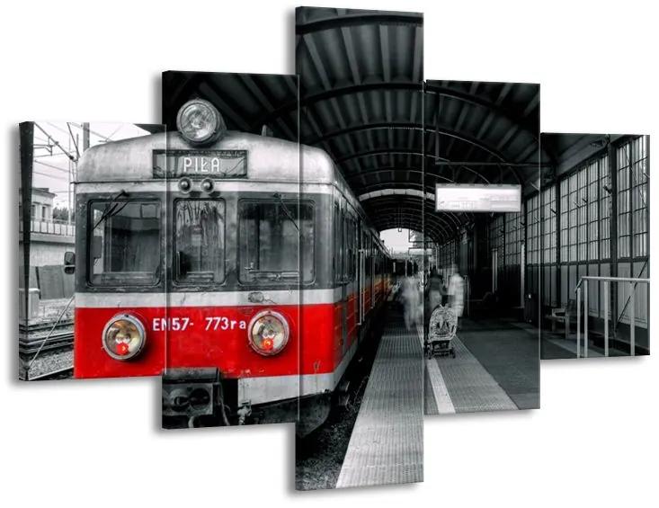Vlaková stanice černobíle s červeným efektem 100x70 cm