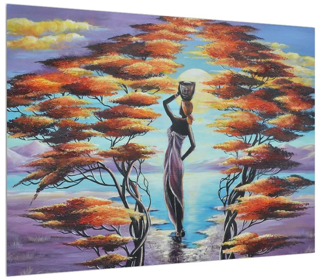 Orientální obraz ženy, stromů a slunce (70x50 cm)