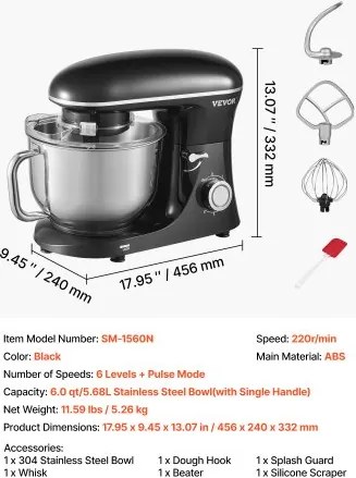 Stojanový mixér 6litrový elektrický mixér na těsto 1400 W