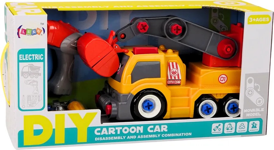 LEAN Toys Nákladní auto s jeřábem v kresleném stylu na rozšroubování – DIY, oranžové