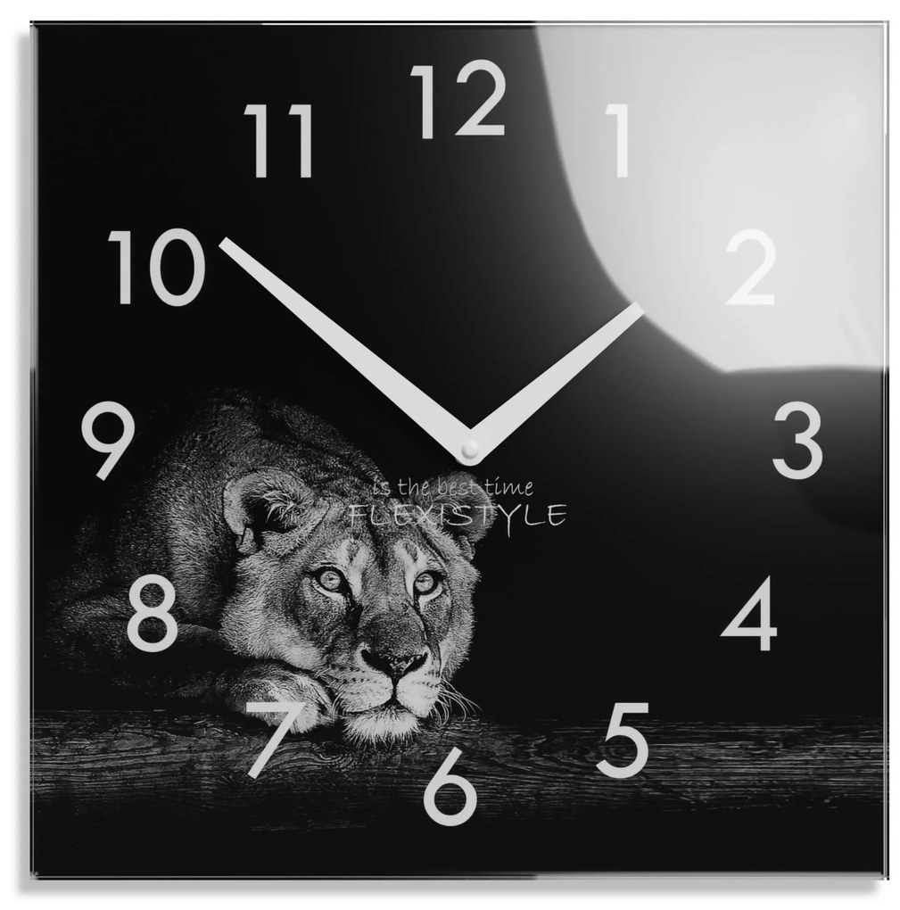 Dekorační černobílé skleněné hodiny 30 cm s motivem lvice