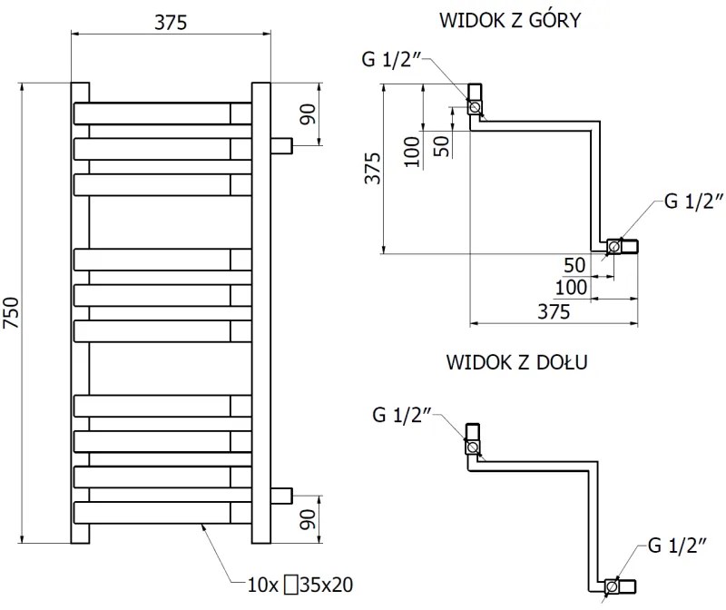 Mexen Loop, koupelnový radiátor 750 x 375 mm, 413 W, černá, W129-0750-350-00-70