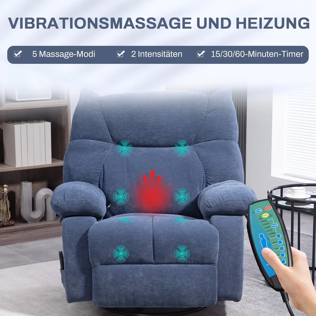 HOMCOM Relaxační křeslo s masážní funkcí, elektrické TV křeslo s vyhříváním, polohovací funkcí, otočné masážní křeslo s pružinovým systémem 700-174V9…