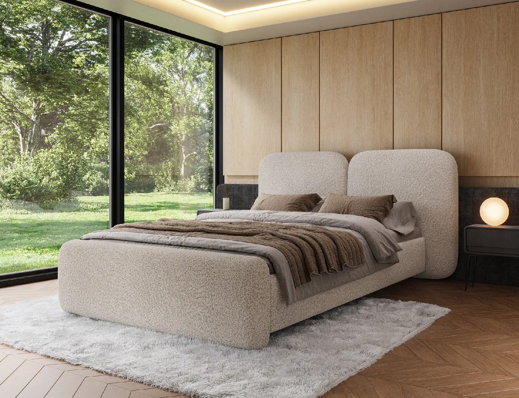 Postel Ollival 160x200, s kovovým roštem a úložným prostorem, béžové bouclé