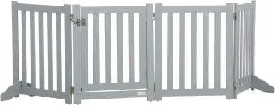 PawHut oboustranně skládací dřevěná bezpečnostní mříž pro psy, 4 panely s dveřmi, podpěrné nohy, 205 x 60 cm, šedá