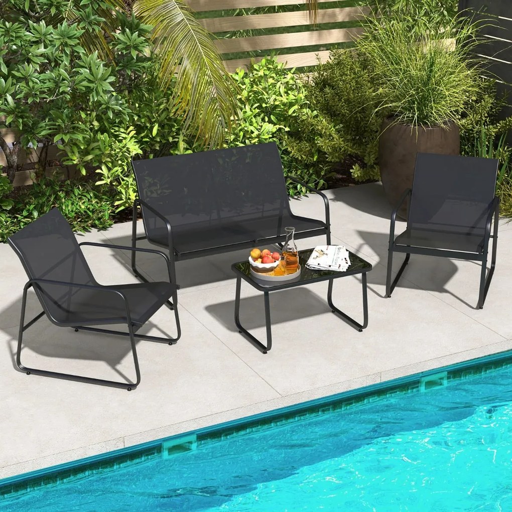 Costway 4 TLG. Terrassenmöbel-Set mit Kaffeetisch aus Gehärtetem Glas Sitzgruppe