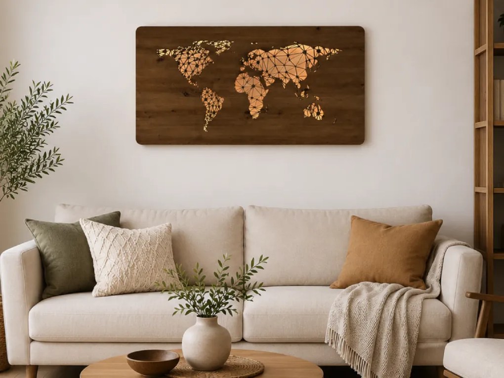 Li-Go "Mapa světa" světelný obraz s baterií a pohybovým čidlem 120x60 cm provedení povrchu: ořech