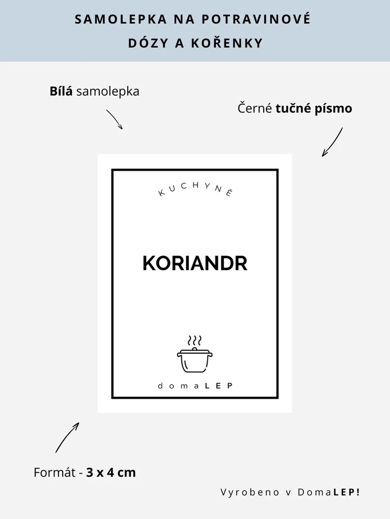 Samolepka na kořenky KORIANDR bílá 3 × 4 cm tučné písmo