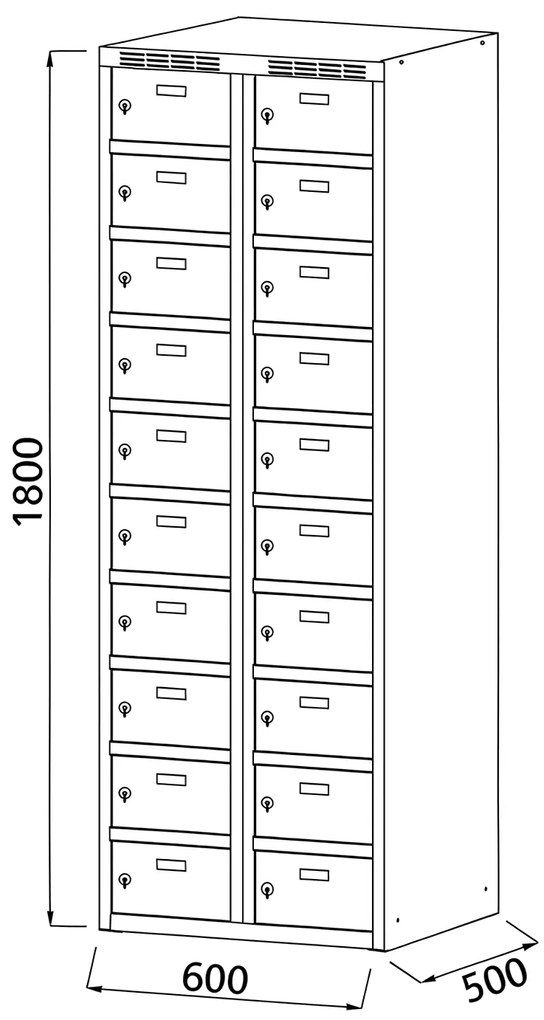 Šatní skříňka S6 s úložnými boxy, 20 boxů, 1800 x 600 x 500 mm, otočný zámek, tmavě šedé dveře