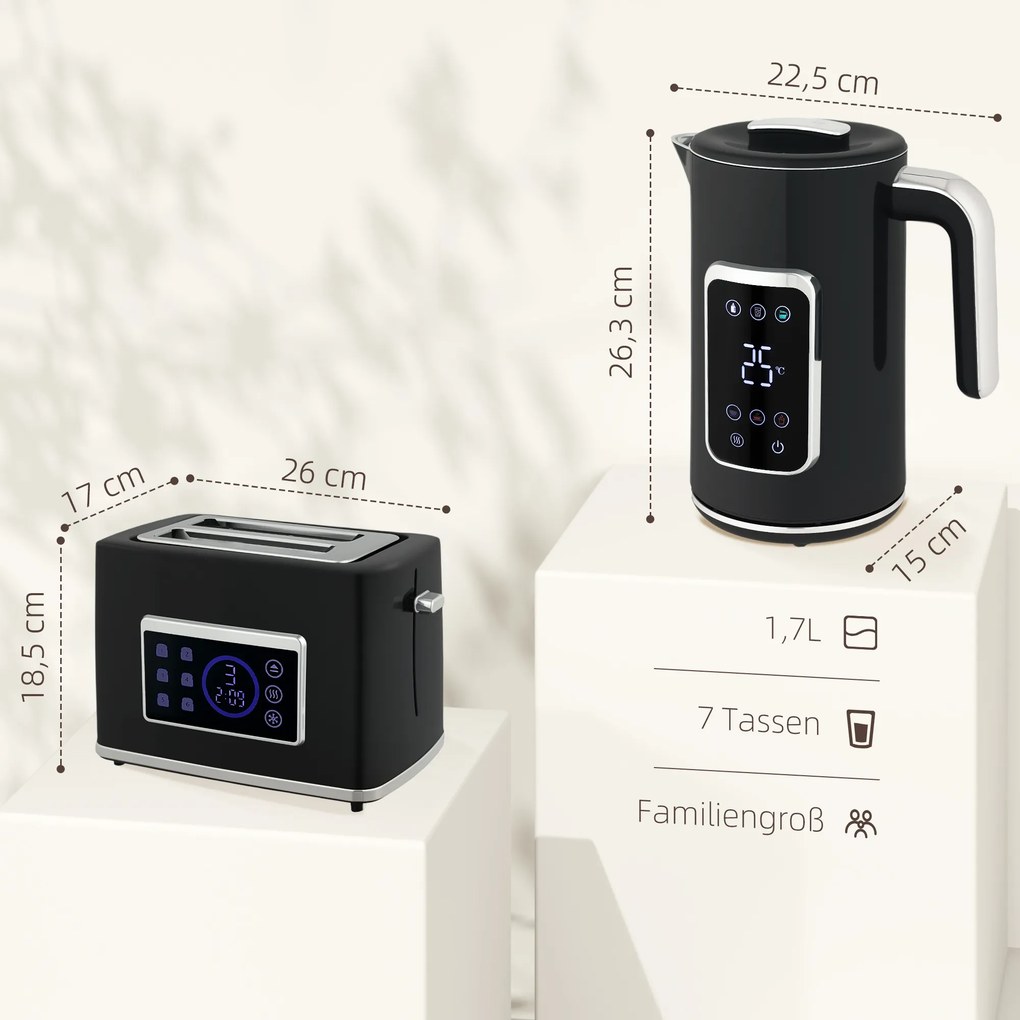 HOMCOM Sada konvice a topinkovače s LED dotykovým displejem, 1,7 L, 2 sloty na topinky, různé režimy a funkce, černá
