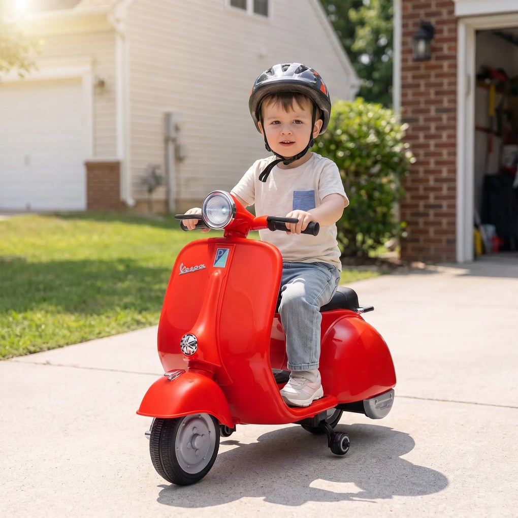 AIYAPLAY elektrická motorka pro děti od 3 let, licencovaná VESPA, 7,2 V, s odnímatelnými pomocnými kolečky, 3-5 km/h, max. 30 kg, červená