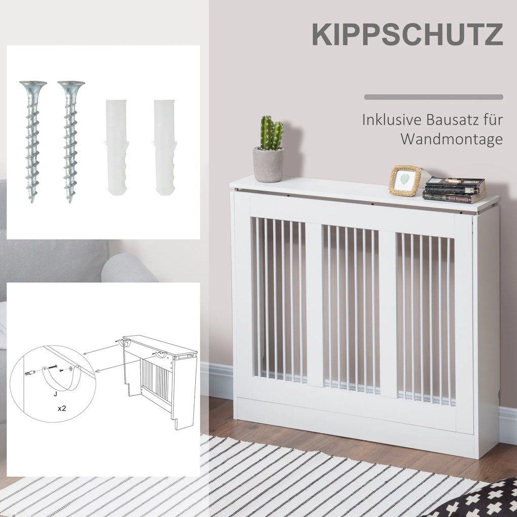 HOMCOM Bílý Kryt Radiátoru 90x18x84 cm MDF Moderní Design Vertikální Regál na Radiátor do Obývacího Pokoje a Ložnice