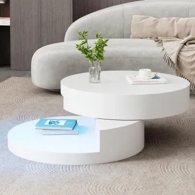 Aosom Cylindrický konferenční stolek s otočnou deskou o 360°, LED světelný pásek, 2vrstvá konstrukce, 70x70x35,5 cm, bílá