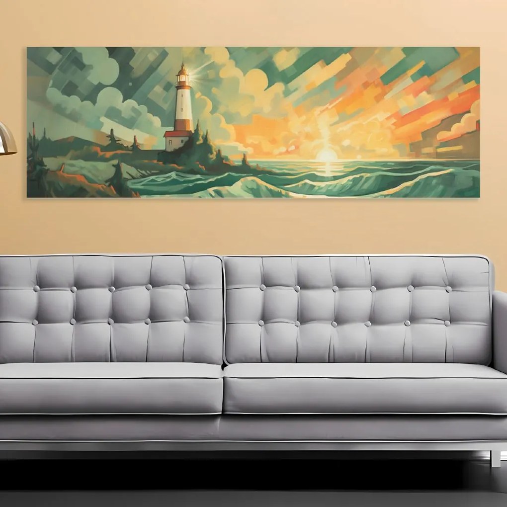 Obraz na plátně - Maják při západu slunce ve stylu Art Deco FeelHappy.cz Velikost obrazu: 210 x 70 cm