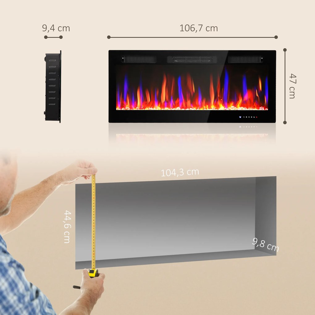 HOMCOM Elektrický krb, montáž na stěnu, nastavitelné plameny, termostat, časovač, ocel, černý