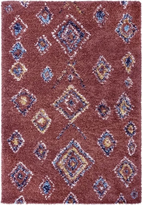 Červený orientální koberec do obývacího pokoje, silný koberec typu shaggy, boho vzor 80 x 150 cm