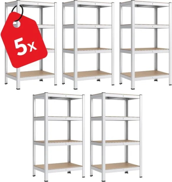 Akce 5x Regál 180x90x30 cm zinkovaný 4-policový, nosnost 700 kg