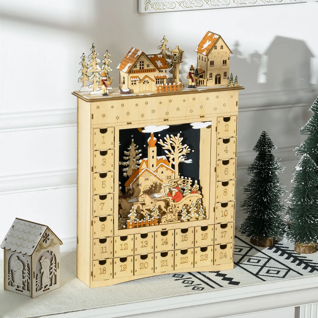 HOMCOM Adventní kalendář k naplnění, 24 šuplíků, přihrádky, vánoční kalendář s LED světly, přírodní dřevo, 36 x 9 x 52 cm