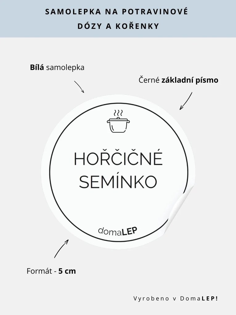 Samolepka na kořenky HOŘČIČNÉ SEMÍNKO bílá 5 cm základní písmo