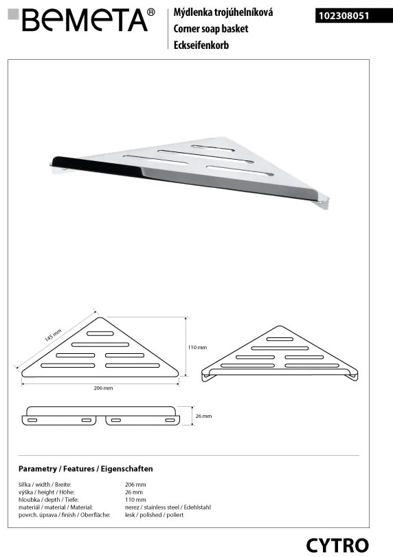 Bemeta Design CYTRO: Polička, do sprchy, rohová -