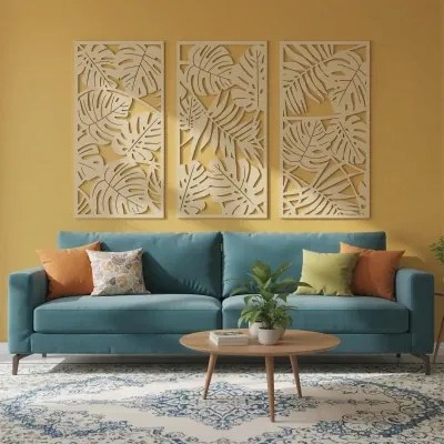 HOMCOM Sada 3D dřevěných nástěnných dekorací, 40 x 80 cm, tropické listy, přírodní dřevěný efekt
