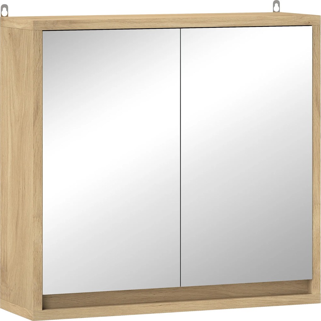 HOMCOM Koupelnová skříňka se zrcadlem, 2 dveřmi a nastavitelnou policí, závěsná koupelnová skříňka pro moderní koupelnu 48x14,5x45 cm, přirodní dřevo