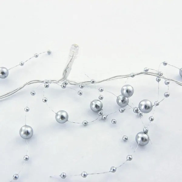LED světýlka na baterie, perly stříbrné, 1,3 m, teple bílá, 10 diod, čirý kabel, IP20 interiér, 2 × AA