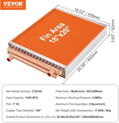 45,7 × 50,8 cm výměník tepla voda/vzduch 3řadý 9,5 mm měděné porty 242 žeber